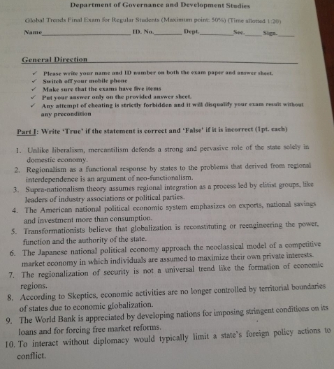 Solved: Department of Governance and Development Studies Global Trends ...