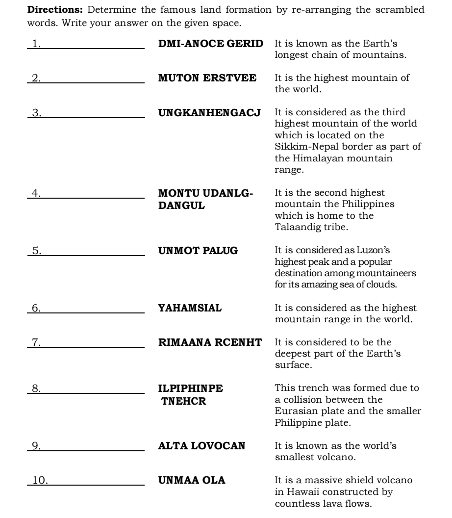 Solved: Directions: Determine the famous land formation by re-arranging ...