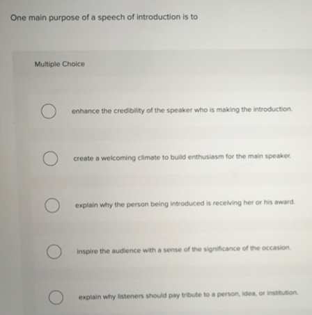 Solved: One main purpose of a speech of introduction is to Multiple ...