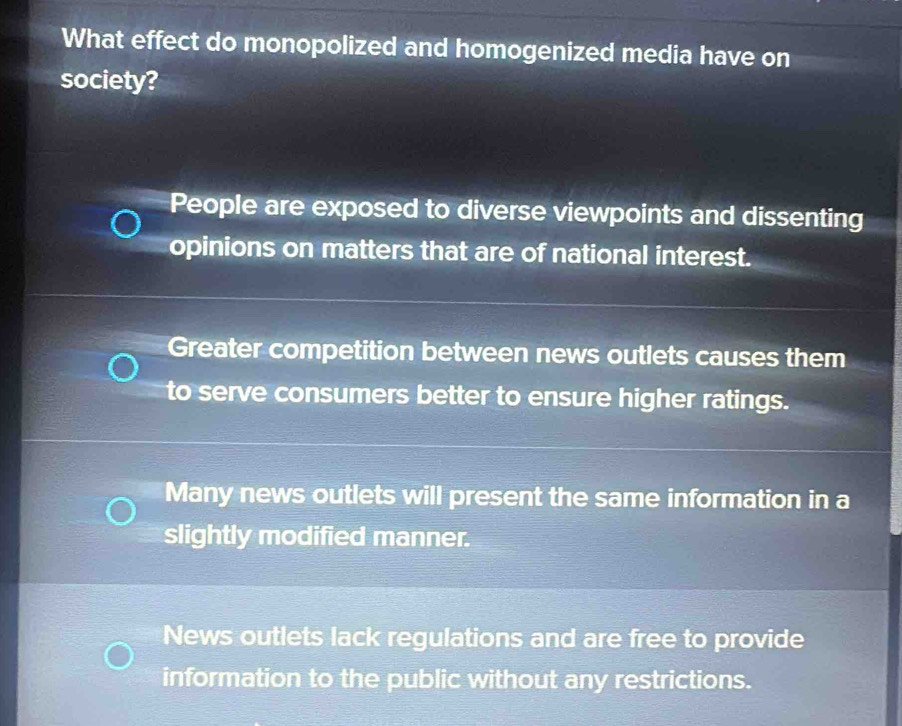 Solved: What effect do monopolized and homogenized media have on ...