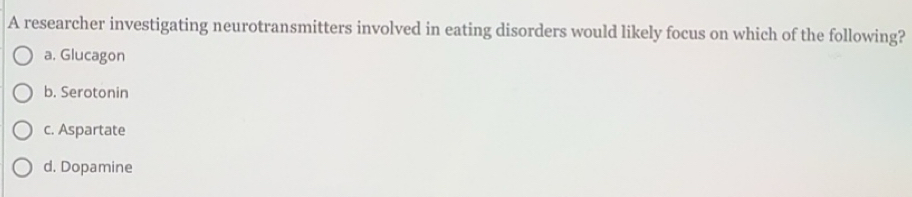 Solved: A researcher investigating neurotransmitters involved in eating ...