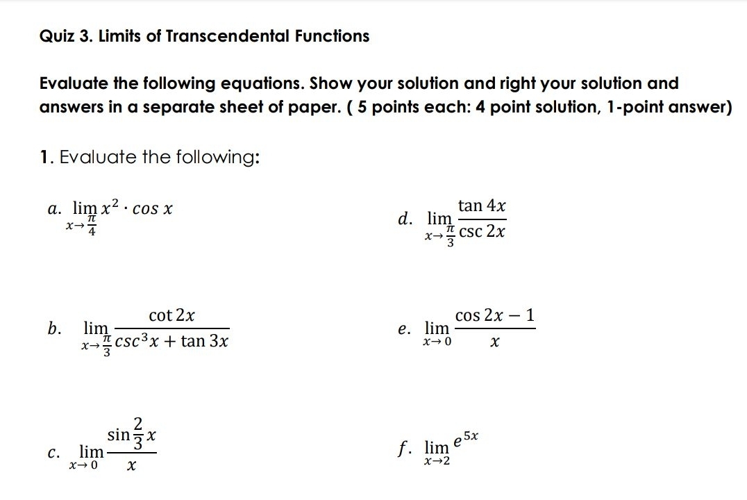 Solved: Limits of Transcendental Functions Evaluate the following ...