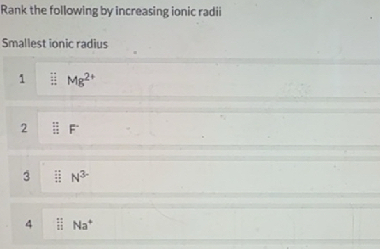 Solved: Rank the following by increasing ionic radii Smallest ionic ...