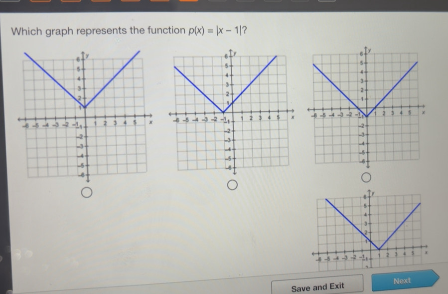 Solved: Which graph represents the function p(x)=|x-1| 2 6 y 5 4 3 2 -6 ...