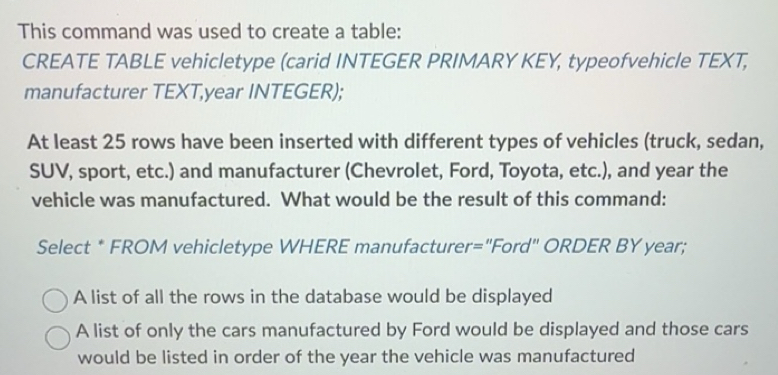 Solved: This command was used to create a table: CREATE TABLE ...