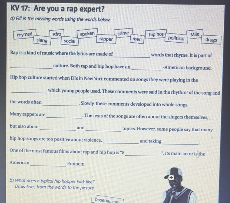 Gelöst:KV 17: Are you a rap expert? a) Fill in the missing words using ...
