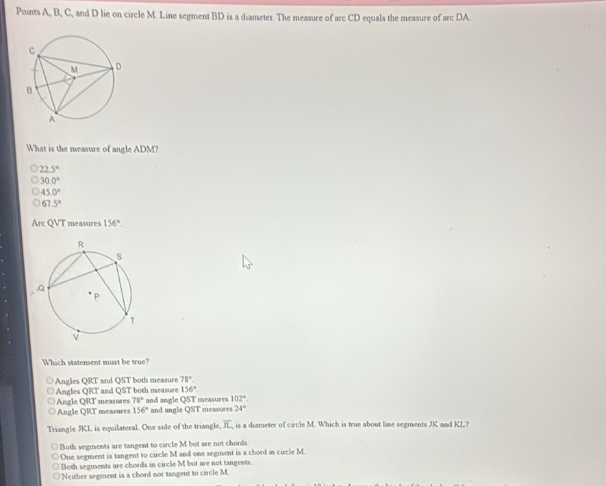 Solved: Points A, B, C, and D lie on circle M. Line segment BD is a ...
