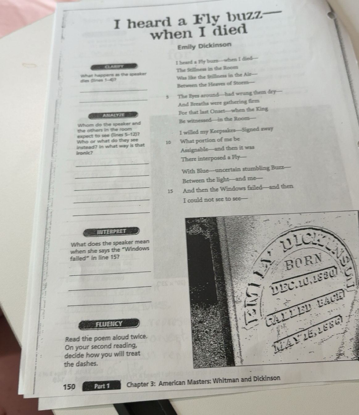 Solved: heard a Fly buzz when I died Emily Dickinson I heard a Fly buzs ...