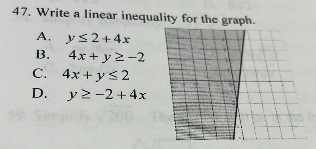 Solved: Write a linear inequality for the graph. A. y≤ 2+4x B. 4x+y≥ -2 ...
