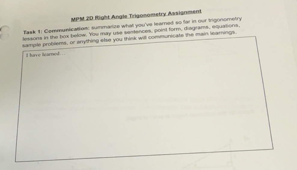 Solved: MPM 2D Right Angle Trigonometry Assignment Task 1: Communication: summarize what you've ...
