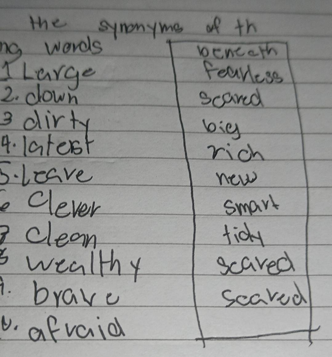 Solved: the synonyme of th ng words beneeth ILarge fearess 2. down ...