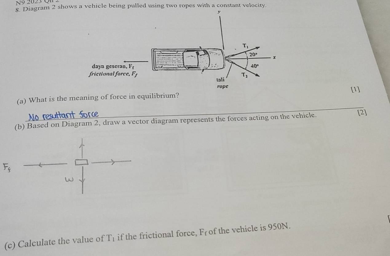 Selesai:N9 2023 Qi 8. Diagram 2 shows a vehicle being pulled using two ...