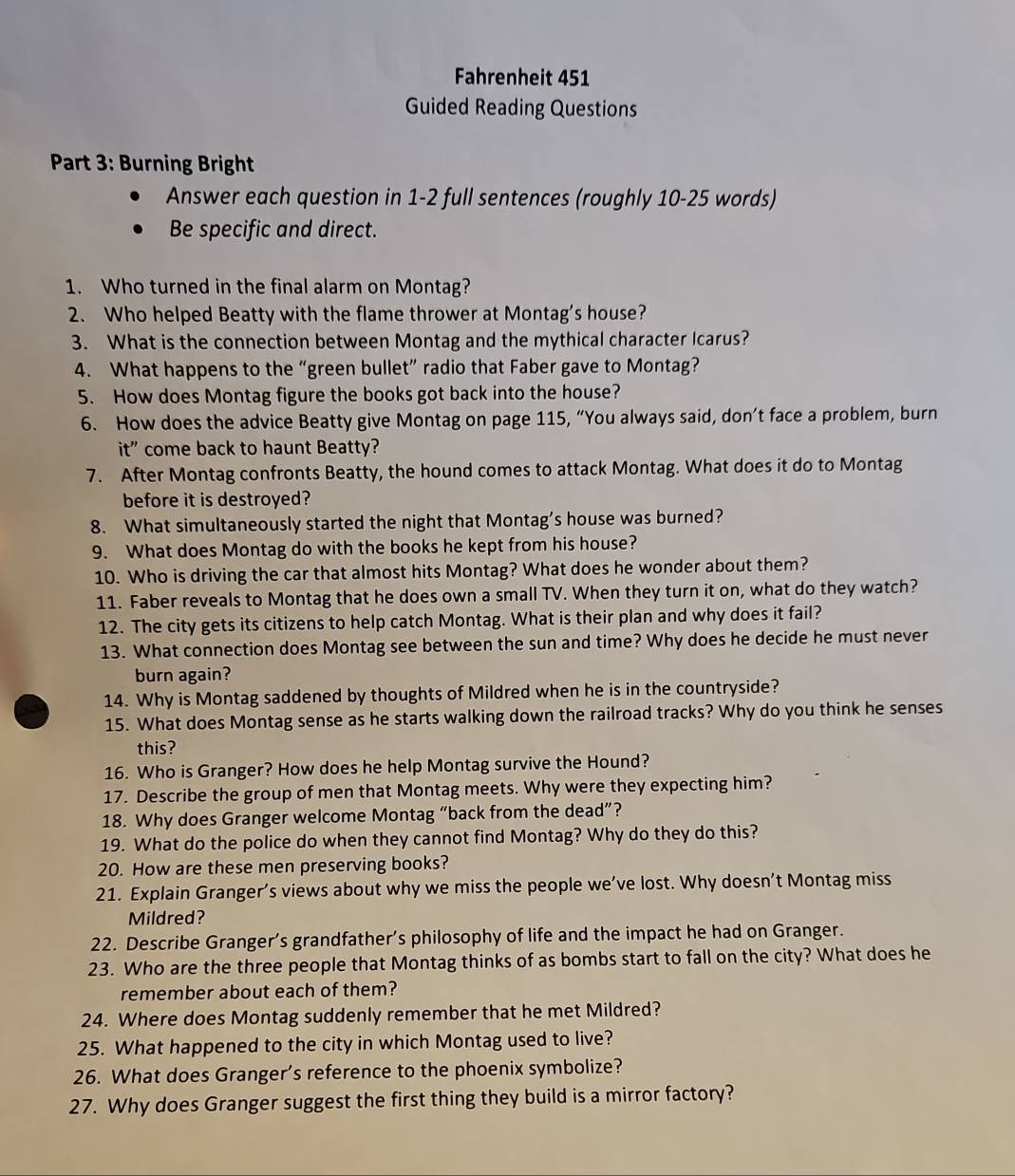 Solved: Fahrenheit 451 Guided Reading Questions Part 3: Burning Bright ...