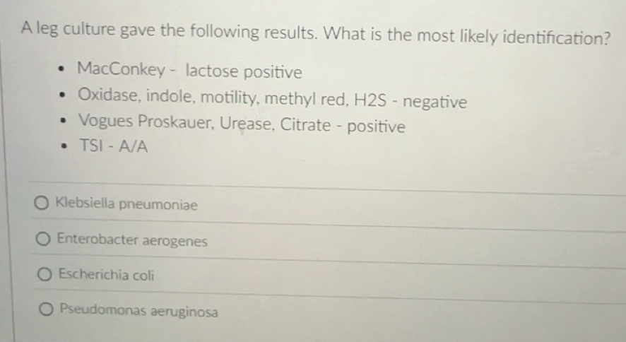 Solved: A leg culture gave the following results. What is the most ...