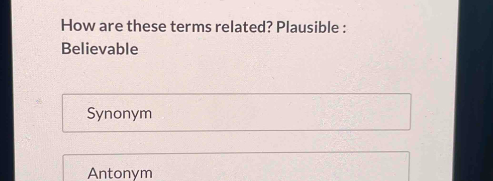 Solved: How are these terms related? Plausible : Believable Synonym ...