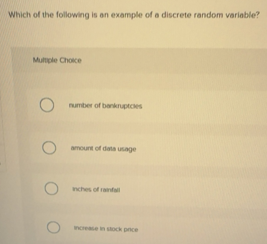 Solved: Which of the following is an example of a discrete random ...