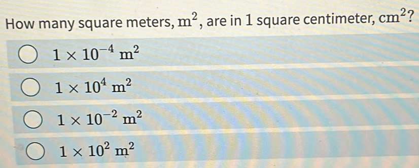 Solved: How many square meters, m^2 , are in 1 square centimeter, cm^2 ...