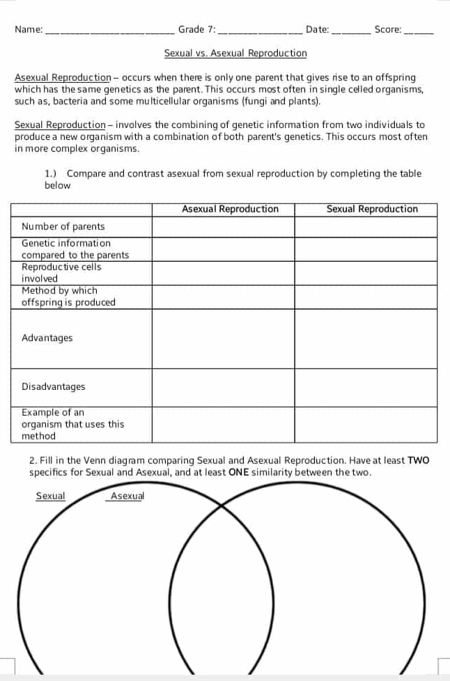 Solved: Name:_ Grade 7:_ Date:_ Score:_ Sexual vs. Asexual Reproduction ...