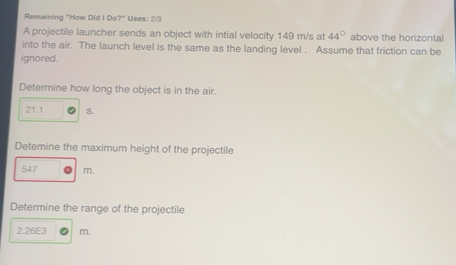 Solved: Remaining "How Did I Do?" Uses: 2/3 A projectile launcher sends ...