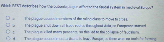 Solved: Which BEST describes how the bubonic plague affected the feudal ...