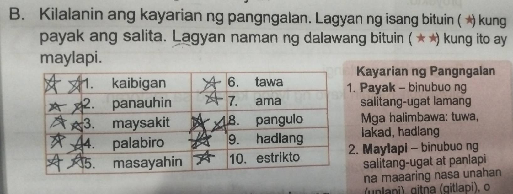 Solved: Kilalanin ang kayarian ng pangngalan. Lagyan ng isang bituin ...