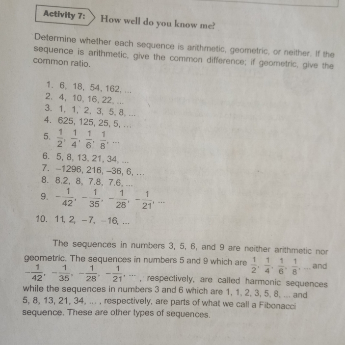 Solved: Activity 7: How well do you know me? Determine whether each sequence is arithmetic ...