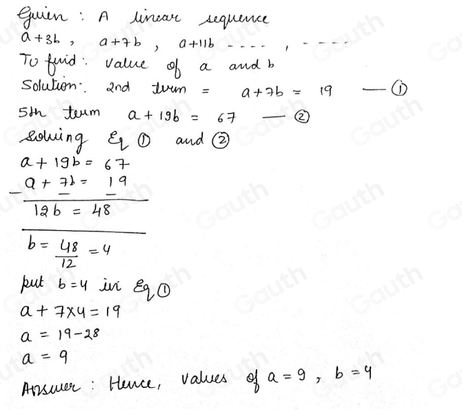 Solved: A linear sequence starts a+3b a+7b a+11b........ ........ The ...