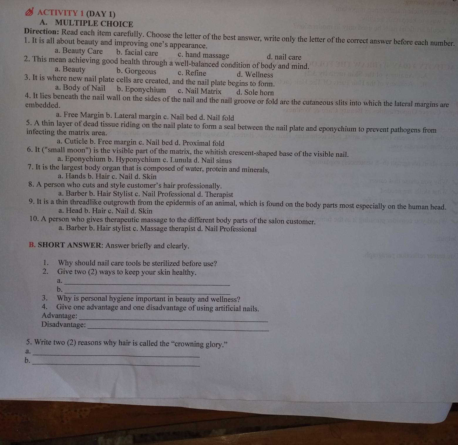 Solved: ACTIVITY 1 (DAY 1) A. MULTIPLE CHOICE Direction: Read each item ...