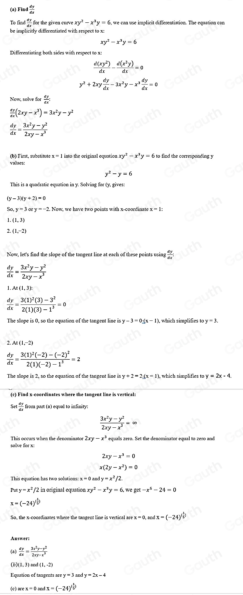 Solved: Consider the curve given by xy^2-x^3y=6. (a) Find dy/dx . (b ...
