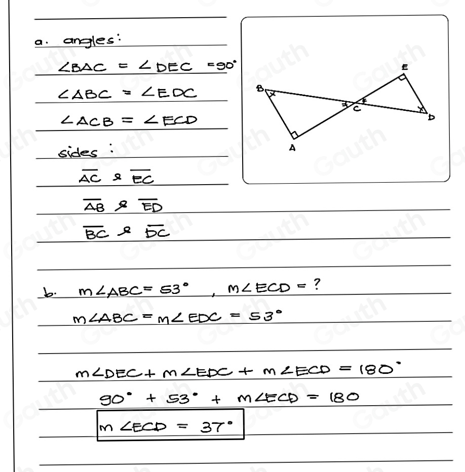 Solved: Triangle ABC is similar to triangle EDC. a. List three pairs of ...