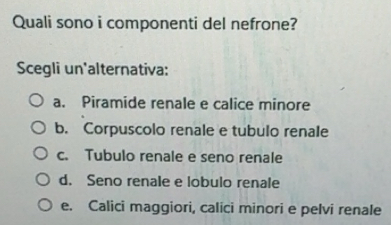 Risolto:Quali sono i componenti del nefrone? Scegli un'alternativa: a ...