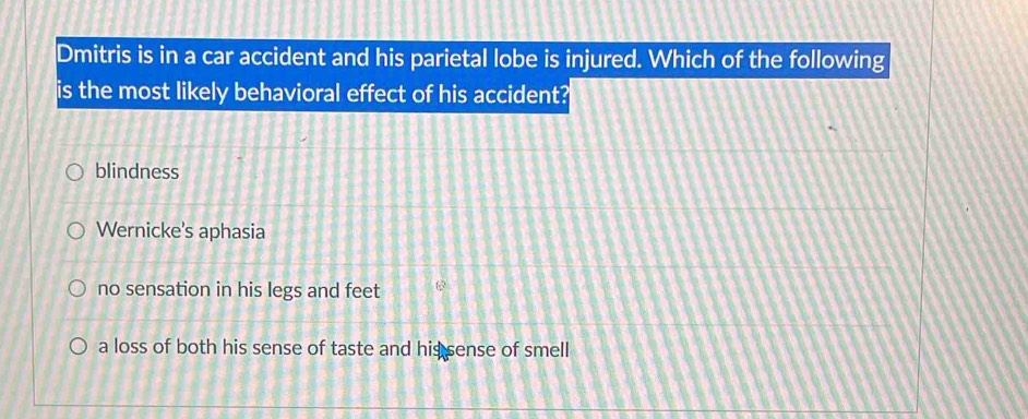 Solved: Dmitris is in a car accident and his parietal lobe is injured ...