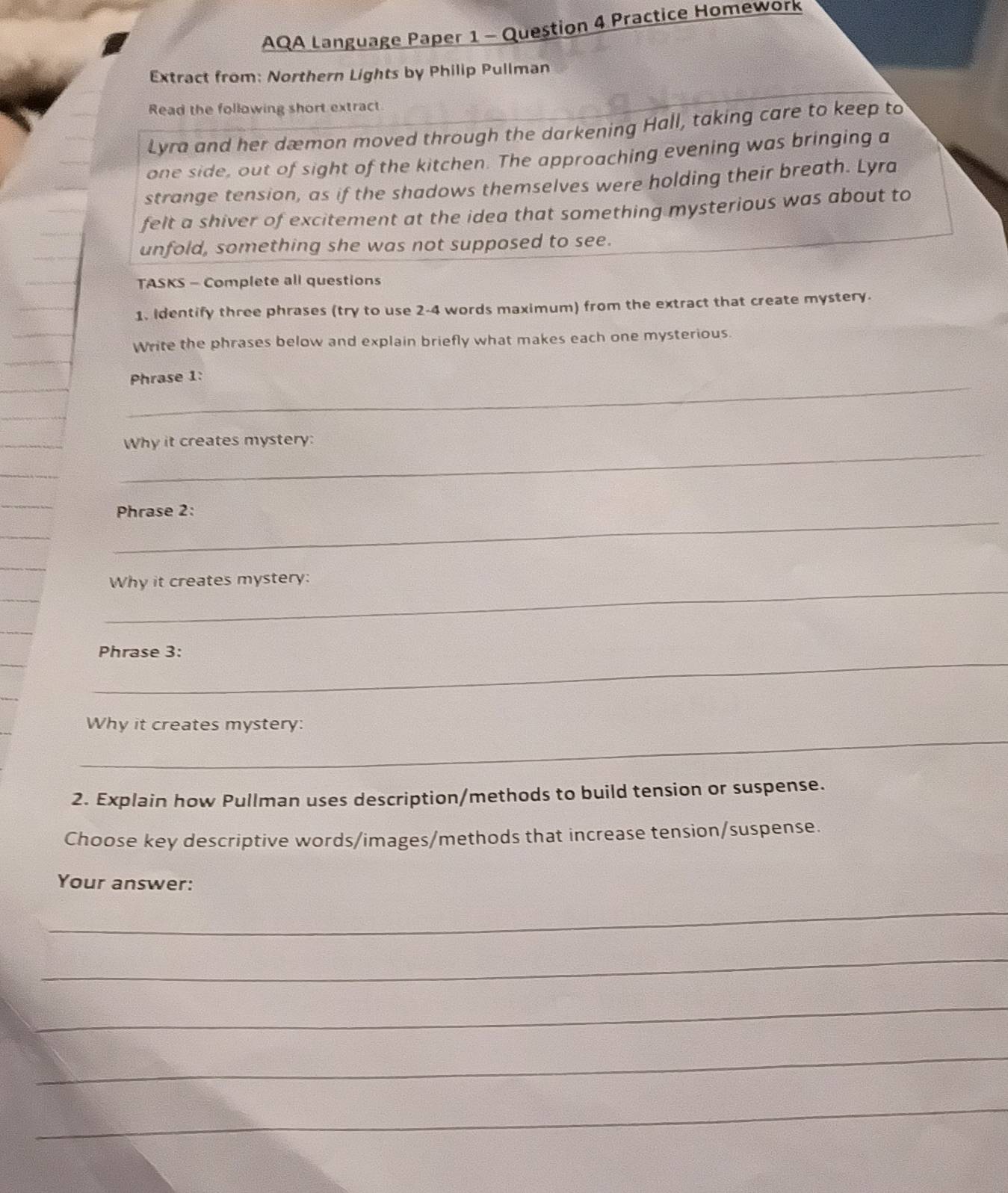 Solved: AQA Language Paper 1 - Question 4 Practice Homework Extract ...