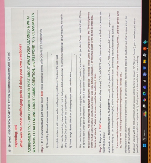 Solved: 15.1 [Process] - DISCUSSION BOARD REFLECTION on COMIC CREATION ...