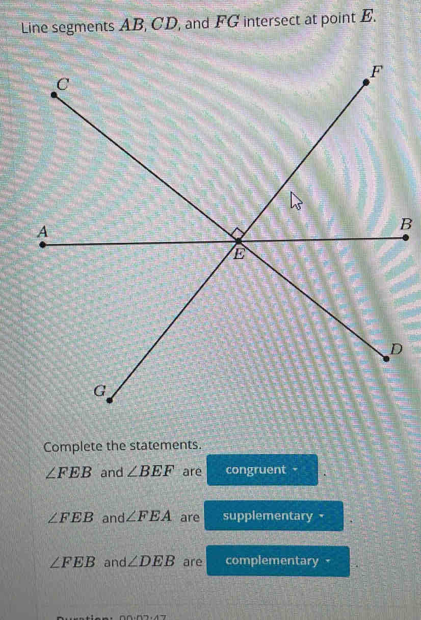 Solved: Line segments AB, CD, and FG intersect at point E. B Complete the statements. ∠ FEB and ...