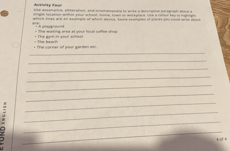Solved: Activity Four Use assonance, alliteration, and onomatopoeia to ...