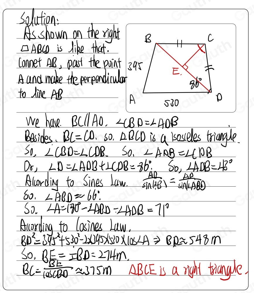 Solved: A trapezoidal lot ABCD has sides BC parallel to AD.AB=395 m AD ...