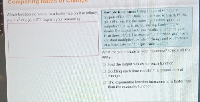 Solved: Comparing Rates of Change Which function increases at a faster ...