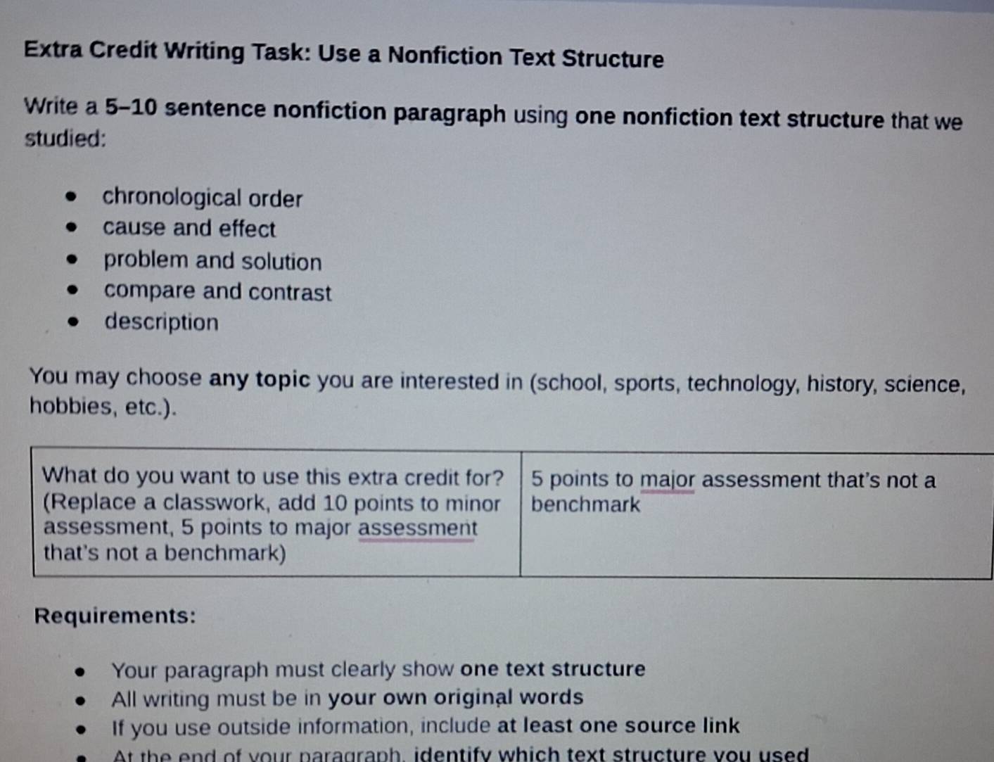Solved: Extra Credit Writing Task: Use a Nonfiction Text Structure ...