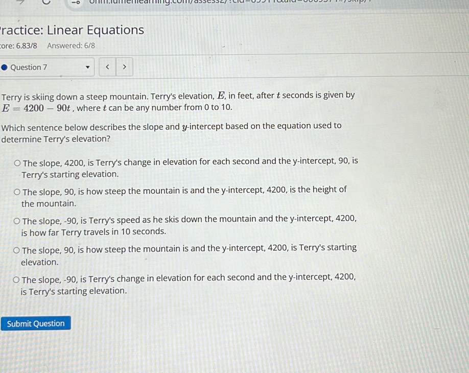 Solved: m:lumeneaming.com/assesszy Practice: Linear Equations core: 6. ...