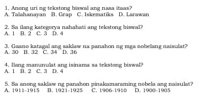 Solved: Anong uri ng tekstong biswal ang nasa itaas? A. Talahanayan B ...