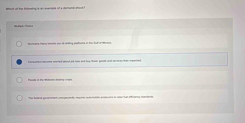 Solved: Which of the following is an example of a demand shock ...