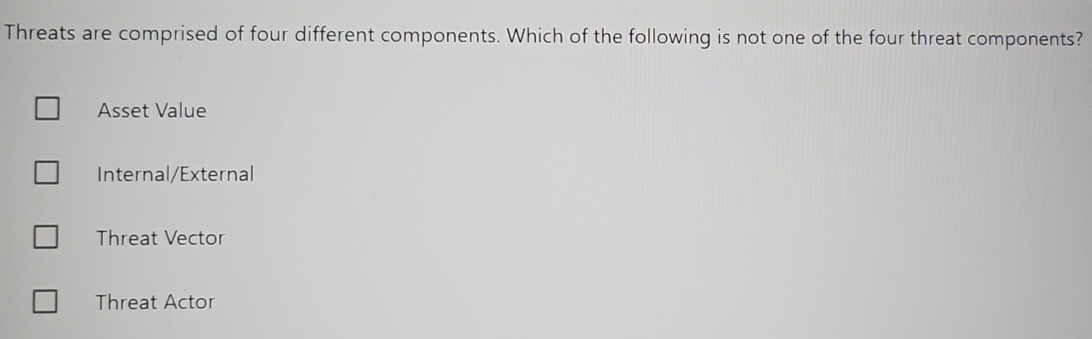 Solved: Threats are comprised of four different components. Which of ...