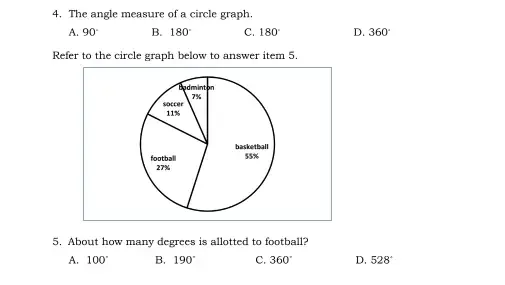 Solved: The angle measure of a circle graph. A. 90° B. 180° C. 180° D ...