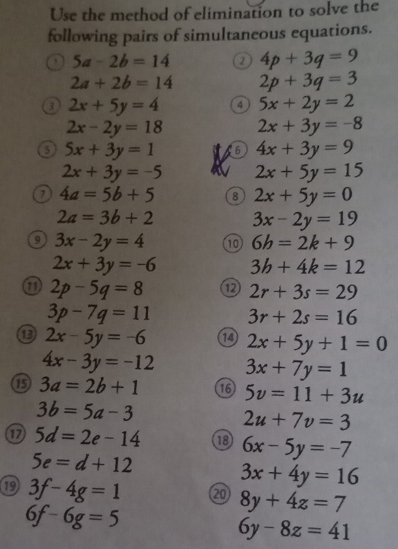 Solved: Use the method of elimination to solve the following pairs of ...