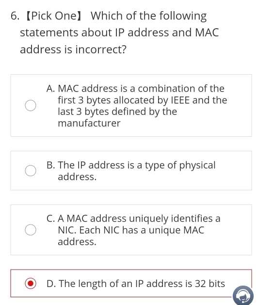 Solved: 【Pick One】 Which of the following statements about IP address ...