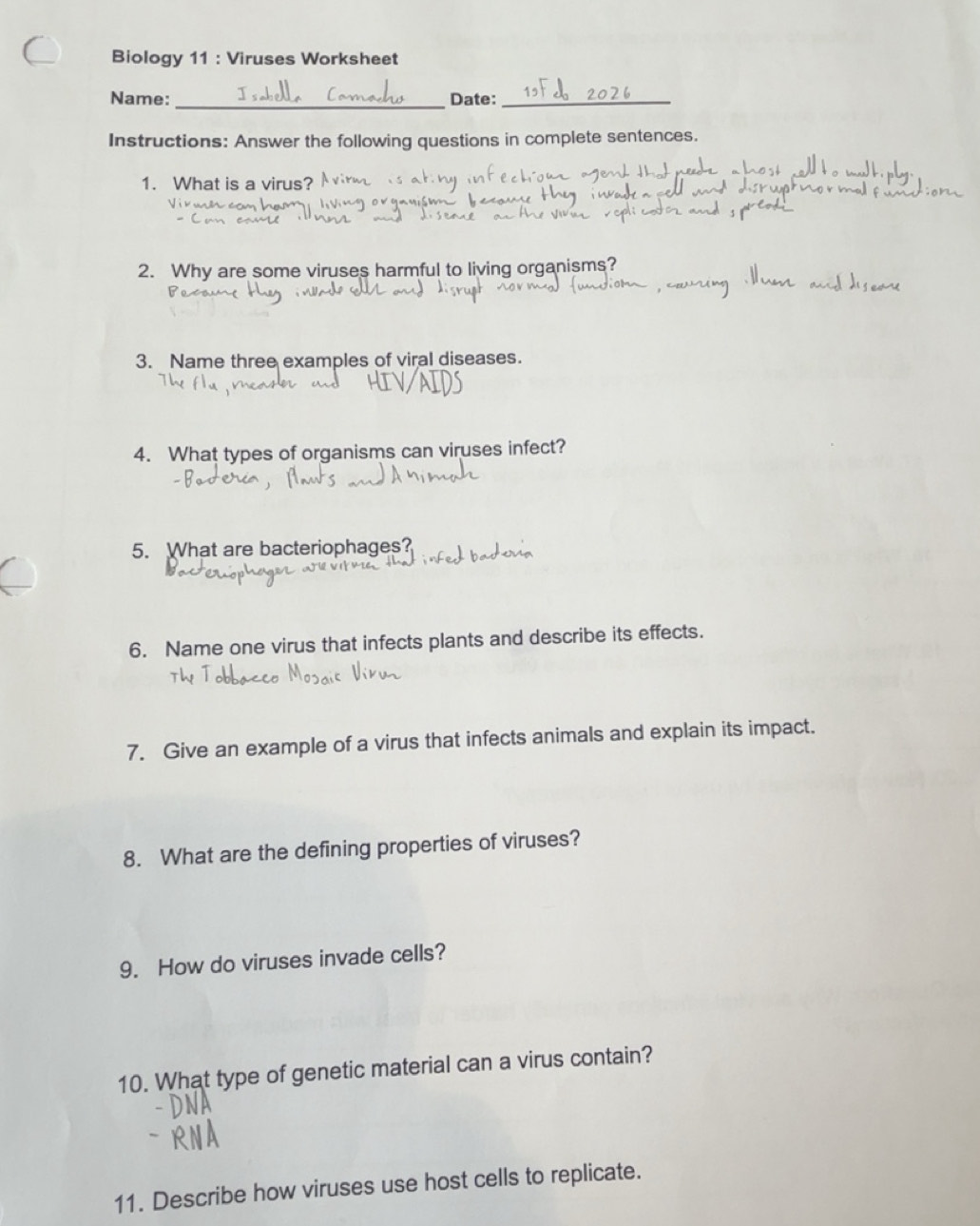 Solved: Biology 11 : Viruses Worksheet _ Name: Date:_ Instructions ...