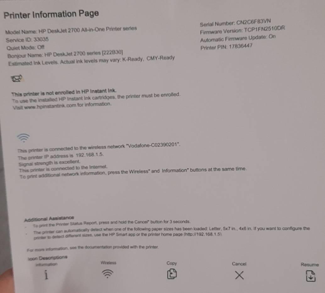 Risolto:Printer Information Page Model Name: HP DeskJet 2700 All-in-One ...