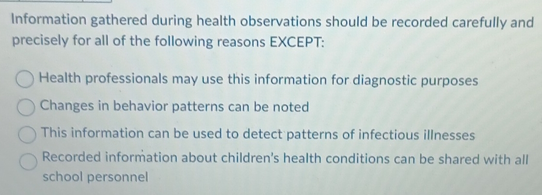 Solved: Information gathered during health observations should be ...