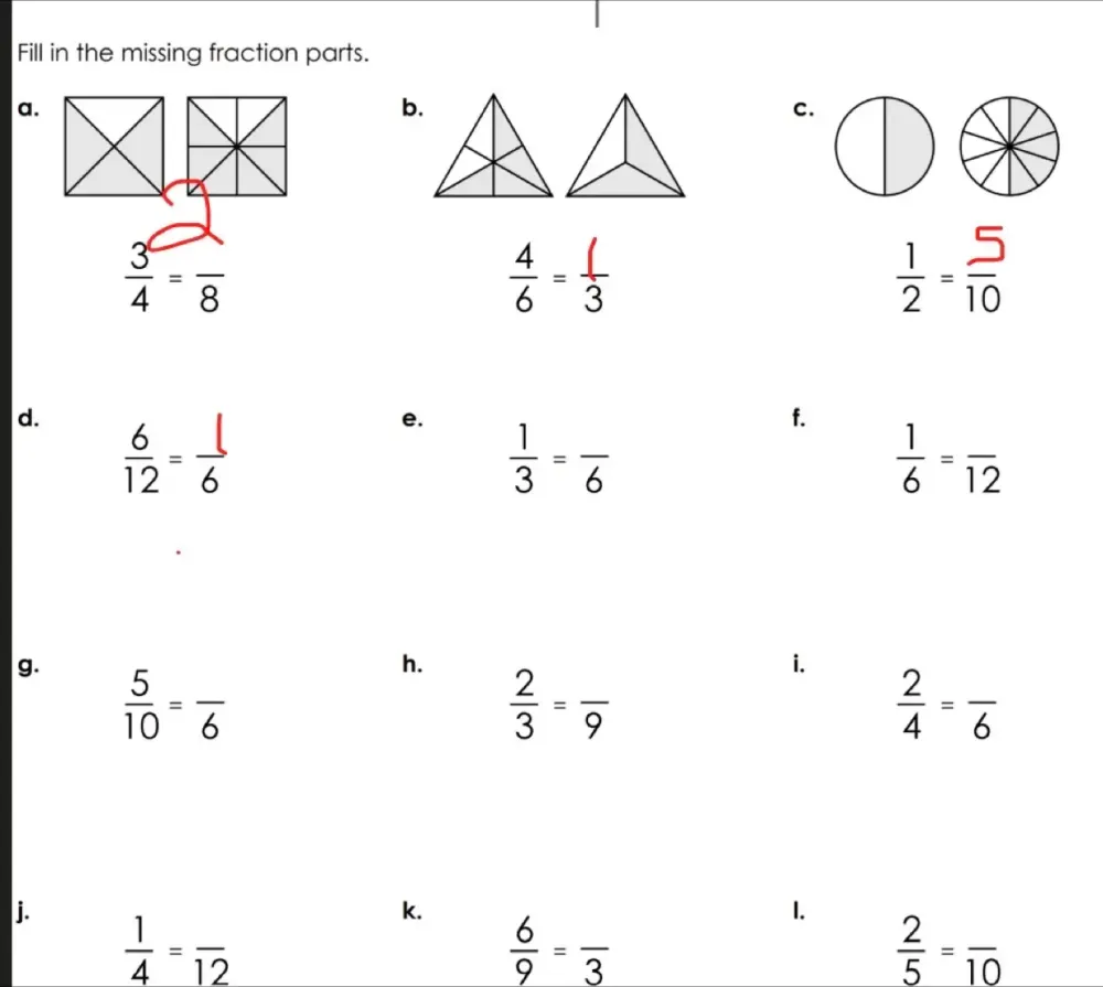 Solved: Fill in the missing fraction parts. a. b. c. 3/4 =frac 8 4/6 ...